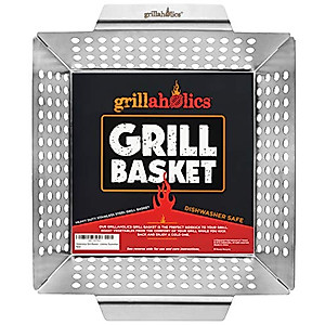 Grillaholics Heavy Duty Grill Basket - Large Grilling Basket for More Vegetables - Stainless Steel Grilling Accessories Built to Last - Perfect Vegetable Grill Basket for All Grills and Veggies