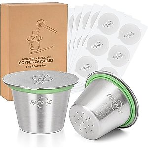 RECAPS Reusable Coffee Filter Capsules Compatible with Nespresso 2PCS Refillable Coffee Pods Permanent Coffee Filter Stainless Steel 120PCS Aluminum Foil Lids
