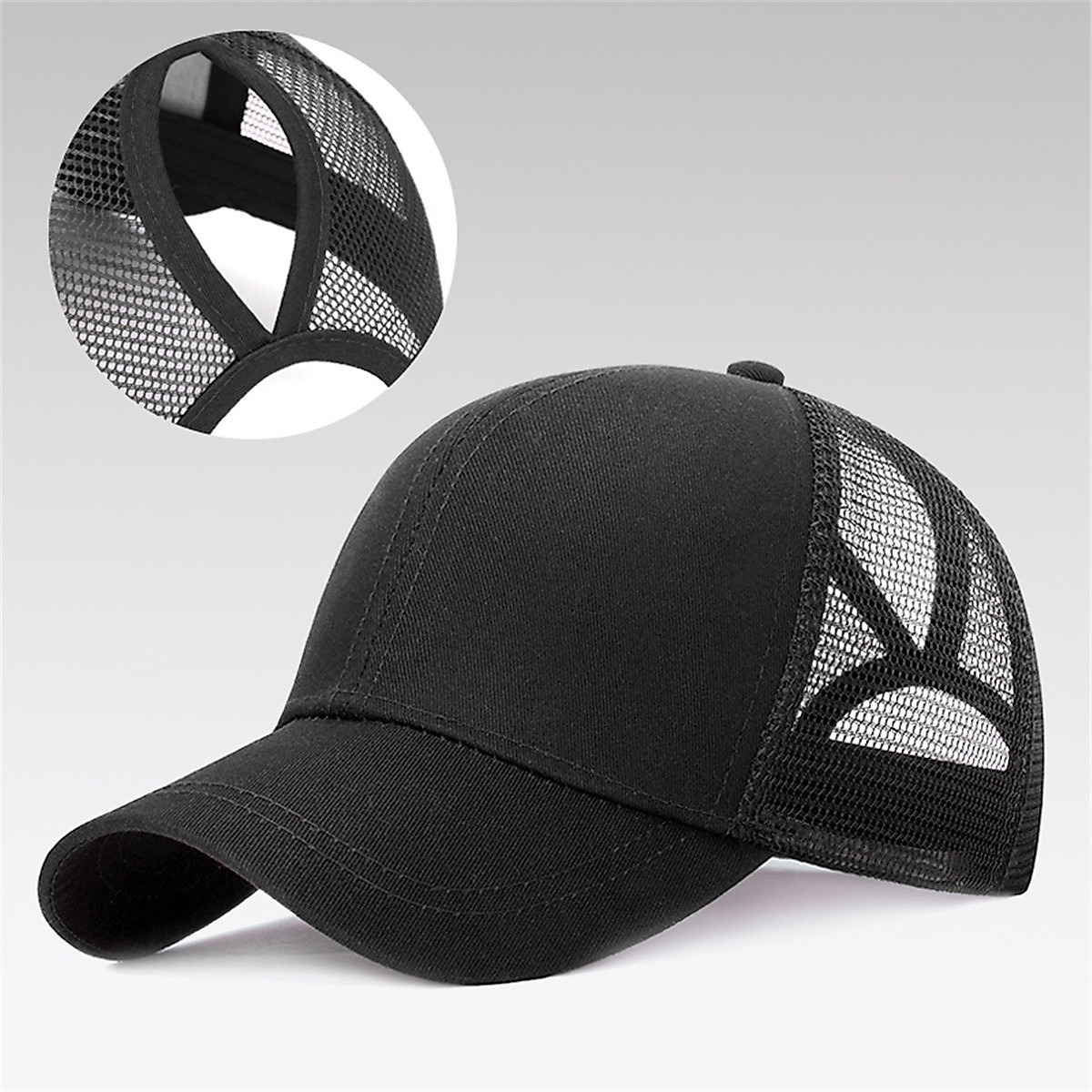 Custom Snapback.Embroidered.Womens Ponytail Messy High Bun Mesh Trucker Hats Baseball Ponycaps Black