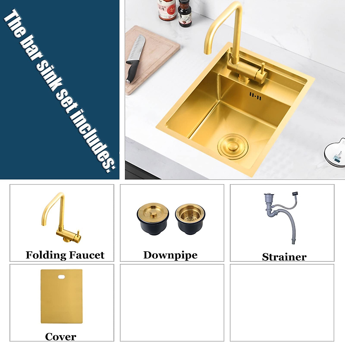 FAFACAI Kitchen Sink Golden Bar Sink Stainless Steel Set Balcony Mini Handmade Pool with Faucet Drop in Or Undermount (Color : Gold, Size : 45x30x23cm) (Gold 45x30x23cm)
