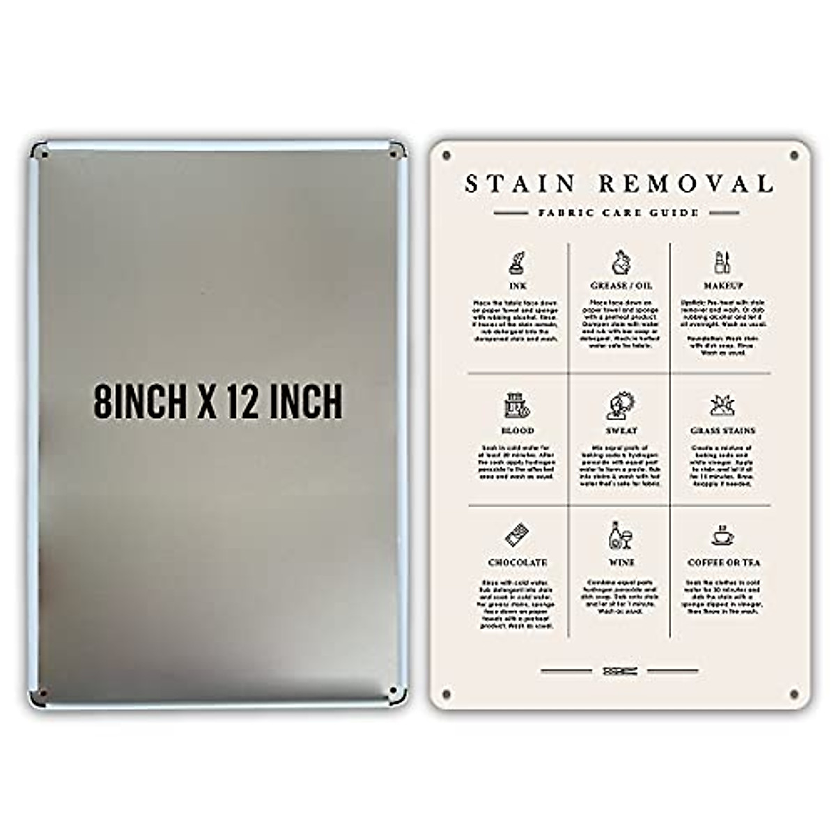 QIONGQI Funny Laundry Stain Removal Fabric Care Guide Metal Tin Sign Wall Decor Laundry Sign for Home Laundry Room Decor Gifts