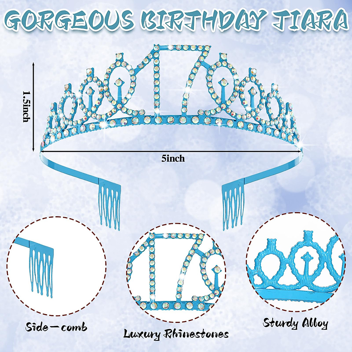 Crowye 17th Dancing Queen Gifts Dancing Queen 17 Cake Topper 17th Tiara Crown Sash Candles 17 Birthday Decorations for Party Accessories(Blue)