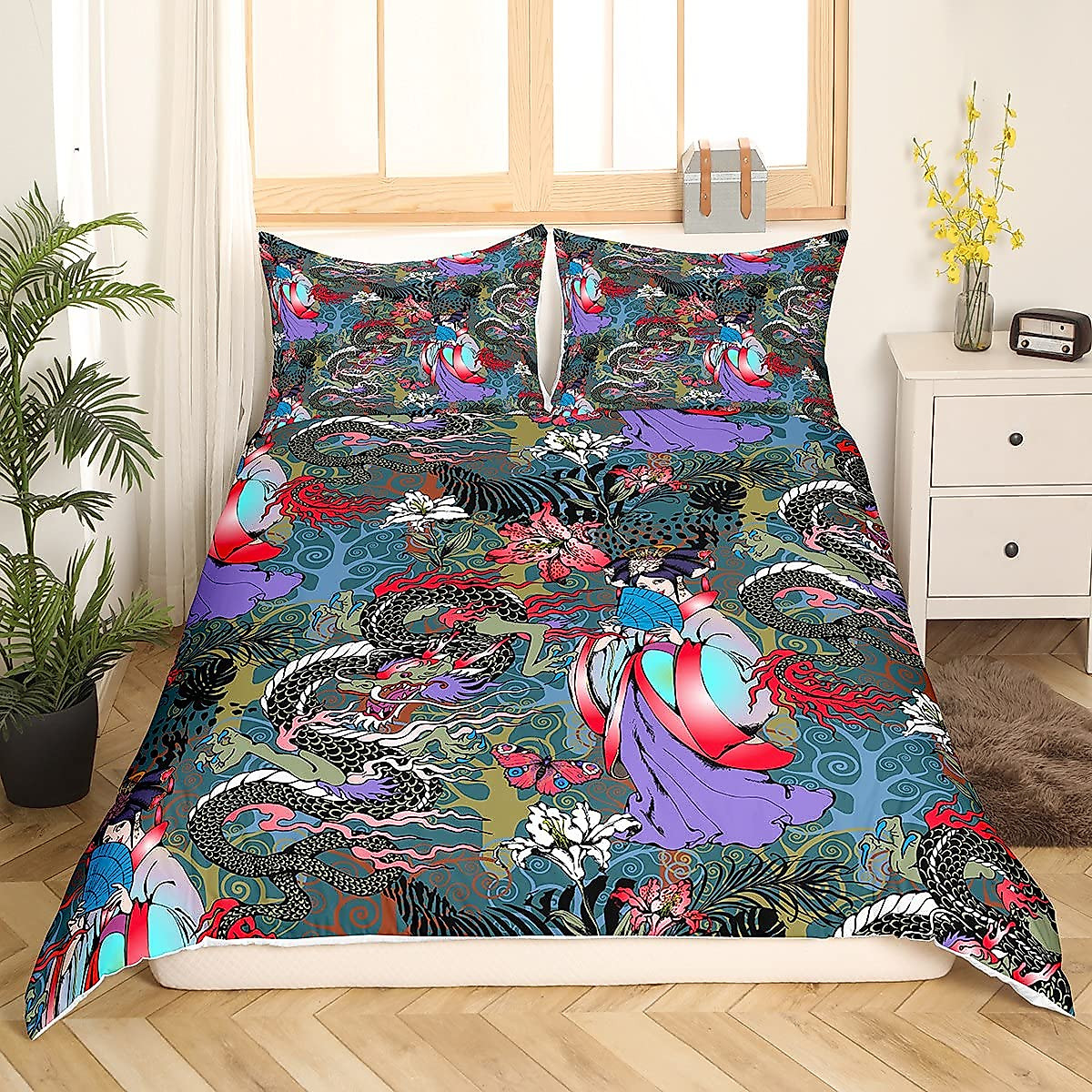 Dragon Duvet Cover King Japanese Style Exotic Bedding Sets Animal Pattern Plant Floral Decor Comforter Cover Asian Culture Theme Bedding with Zipper Ties Soft Luxury Duvet Cover for Adult Women Girls