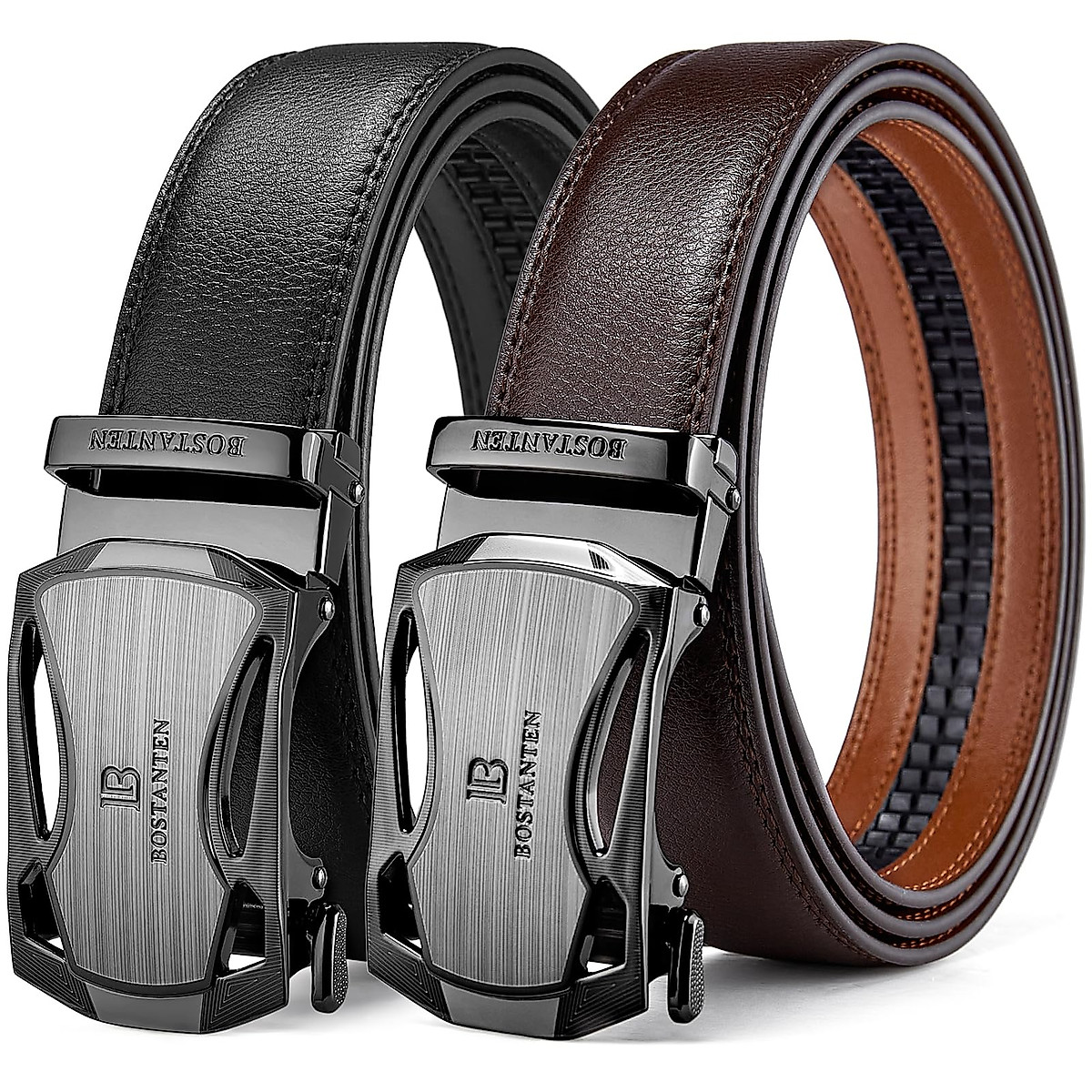 BOSTANTEN Mens Belt Leather 2 Pack Ratchet Belt For Men Dress and Casual with Adjustable Buckle, Trim to Fit