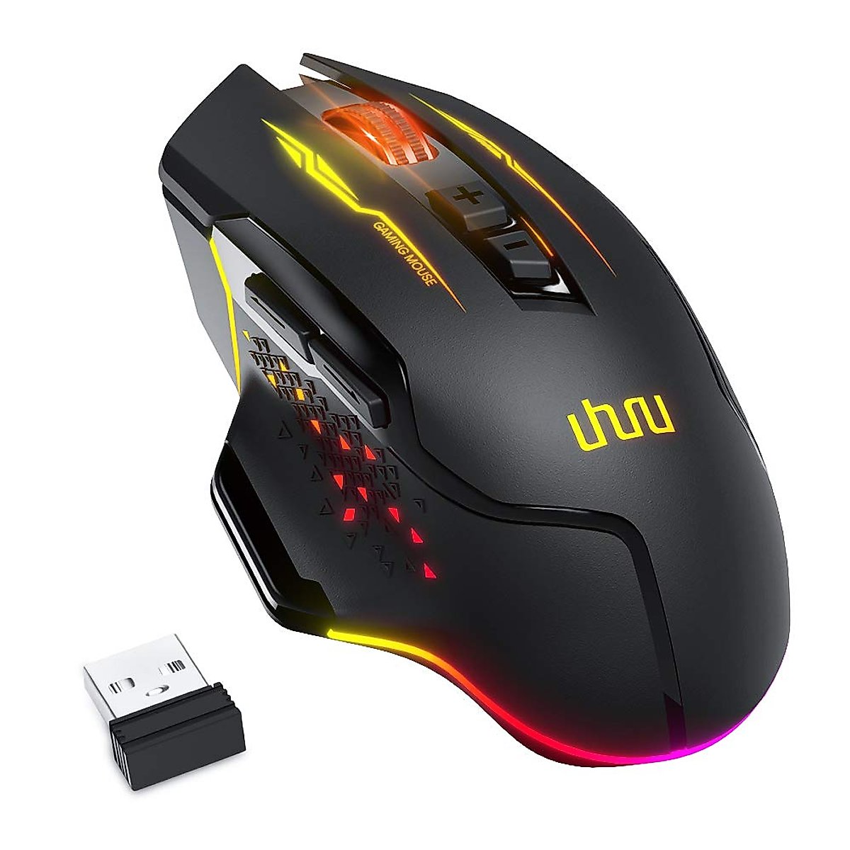 UHURU Wireless Gaming Mouse, Wired and Wireless Dual Modes Rechargeable RGB Gaming Mouse with 7 Programmable Buttons, Ergonomic and 5 Adjustable DPI Levels up to 10000 DPI for PC Laptop Gamer （WM-07）