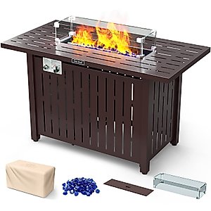 Cecarol 43in Glass Shield Outdoor Propane Gas Fire Pit Table Electronic Pulse Ignition w/Glass Rock, Waterproof Cover, 50,000 BTU CSA Certification for Outside Garden Patio Party (Brown)
