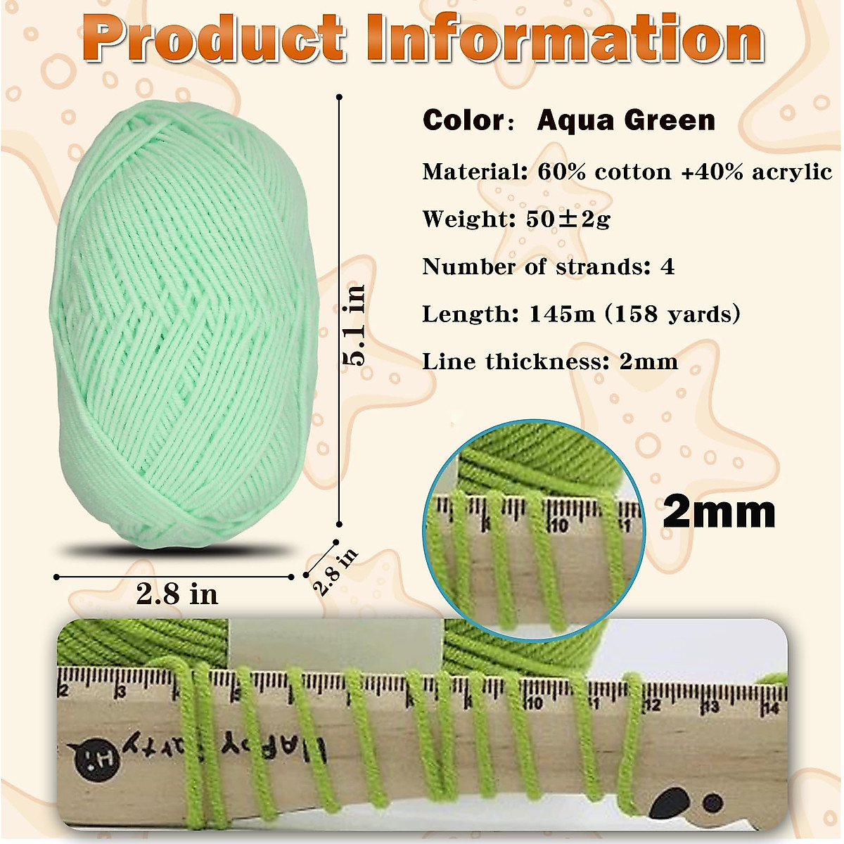 2 Pcs 100g Cotton Acrylic Yarn for Crocheting,Soft and Fluffy Crochet Yarn for Knitting and Crafts，4 ply Warm Yarn for DIY Slippers Cushions Dolls Bags Blankets Ornaments and Trinkets（Aqua Green）