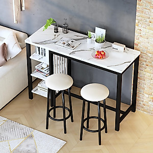 AWQM Home Bar Table Set of 2, 47" White Faux Marble Dining Set with Storage Shelves and Upholstered Leather Bar Height Stools, 3-Piece Kitchen Table for 2 People, Space Saving Table (White & Black)