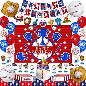 Baseball Birthday Decorations,Baseball Birthday Party Supplies,Include Sport Themed Birthday Backdrop,Happy Birthday Banners,Tabelcloth, Baseball Balloons,Cake topper,Cupcake toppers,Invitation