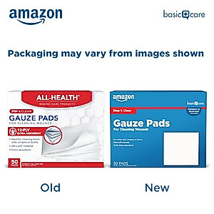 Amazon Basic Care Gauze Pads, 3x3 inches Sterile Medical Wound Dressing Sponges for Cleaning, Covering, & Cushioning Cuts & Minor Injuries, 50 Count (Pack of 1), (Previously All Health)