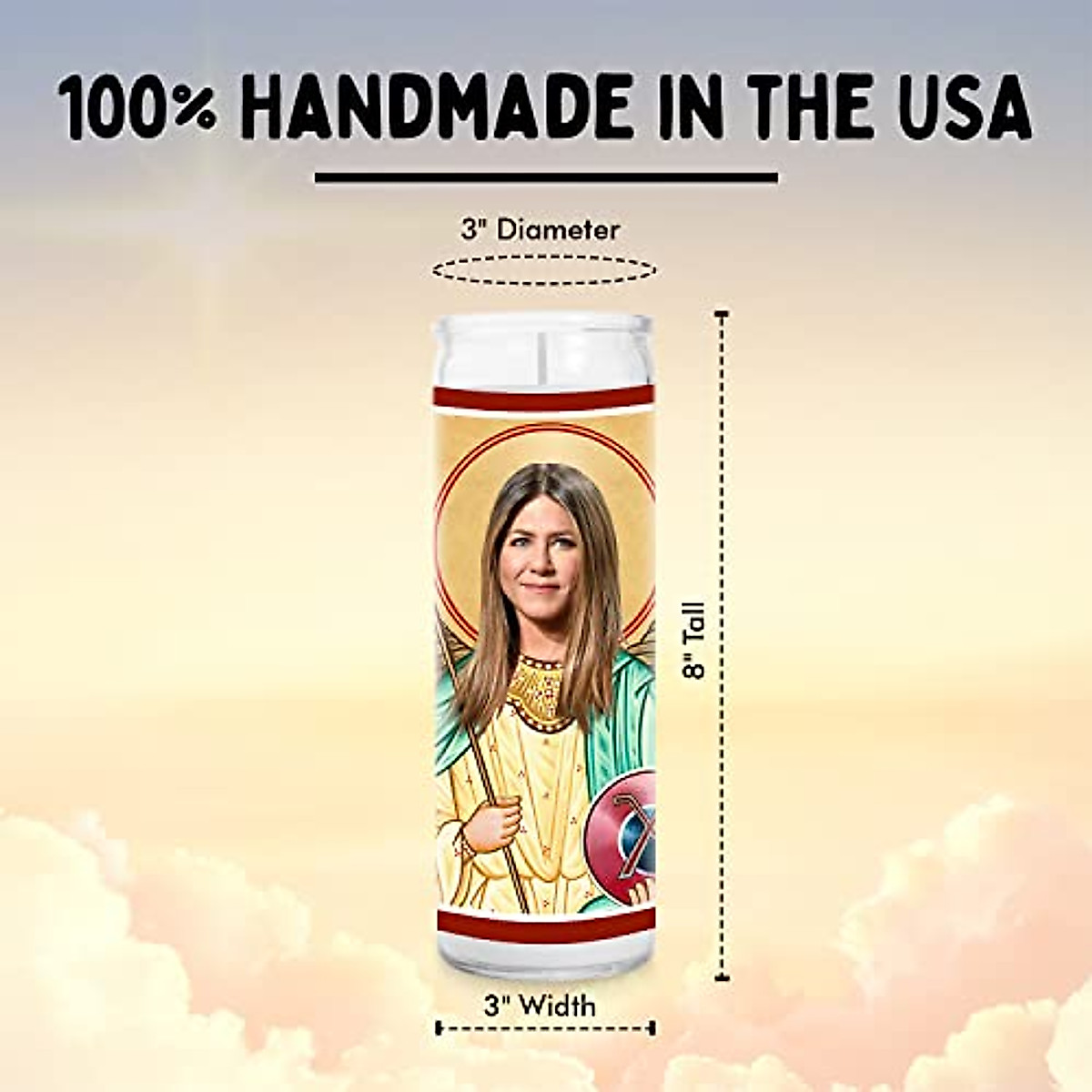 Jennifer Aniston Celebrity Prayer Candle - Friends Show Rachel Funny Saint Candle - 8 inch Glass Prayer Votive - 100% Handmade in USA - Celebrity Novelty Gift
