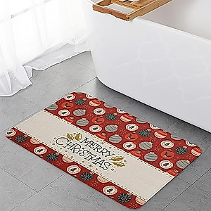 Door Mat Merry Christmas Memory Foam Cushioned Kitchen Rug, 16x24 Inch Water Absorbent Soft Touch Standing Mat for Bathroom, Office, Sink, Laundry, Home Red Grey Xmas Balls Snowflakes Tiled