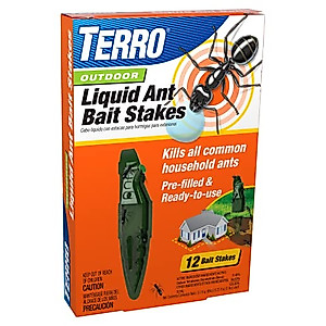 TERRO T1813B Outdoor Ready-to-Use Liquid Ant Bait Stake Killer Trap - Kills Common Household Ants 12 Stakes