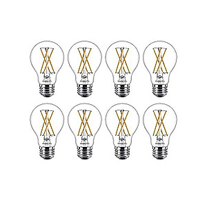 Philips LED Flicker-Free Dimmable Warm Glow Effect A19 Classic Glass Light Bulb, 800 Lumen, 2200-2700K, 8W=60W, E26 Base, Title 20 Certified, 8-Pack