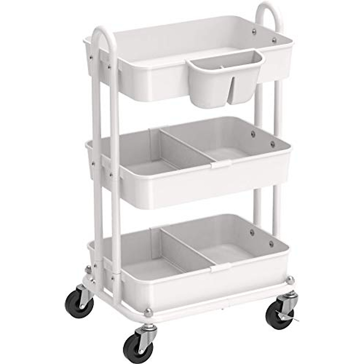 Simple Houseware 3-Tier Kitchen Cart Multifunctional Rolling Utility Cart with 2 dividers and Hanging Bucket, White
