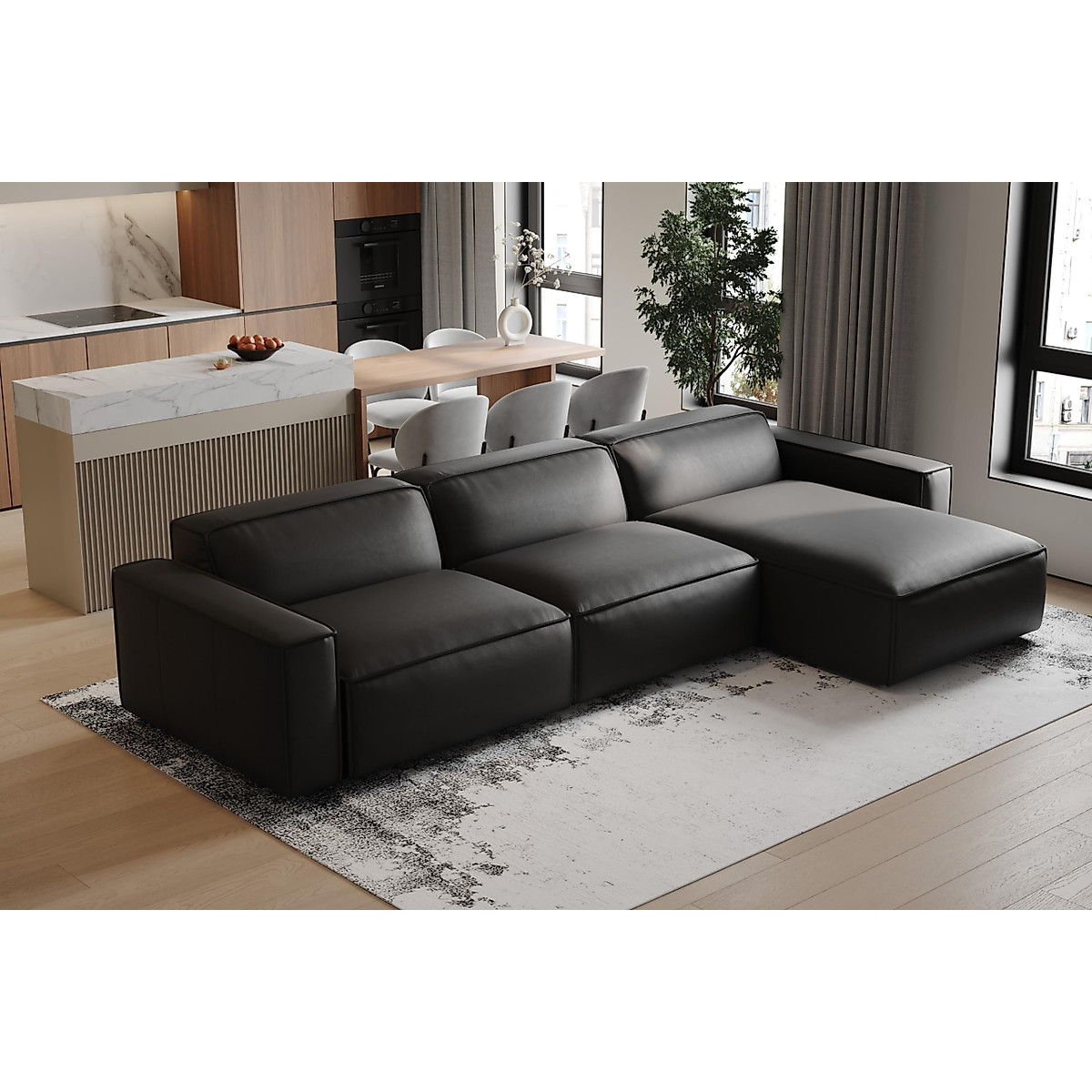 Valencia Nathan Napa Leather Couch - 3 Seats with Right Chaise Sectional Sofa - 100% Full Aniline Leather Modern Sofa for Lounge and Living Room Solid Wood Frame and High-Resilience Foam Couch (Black)