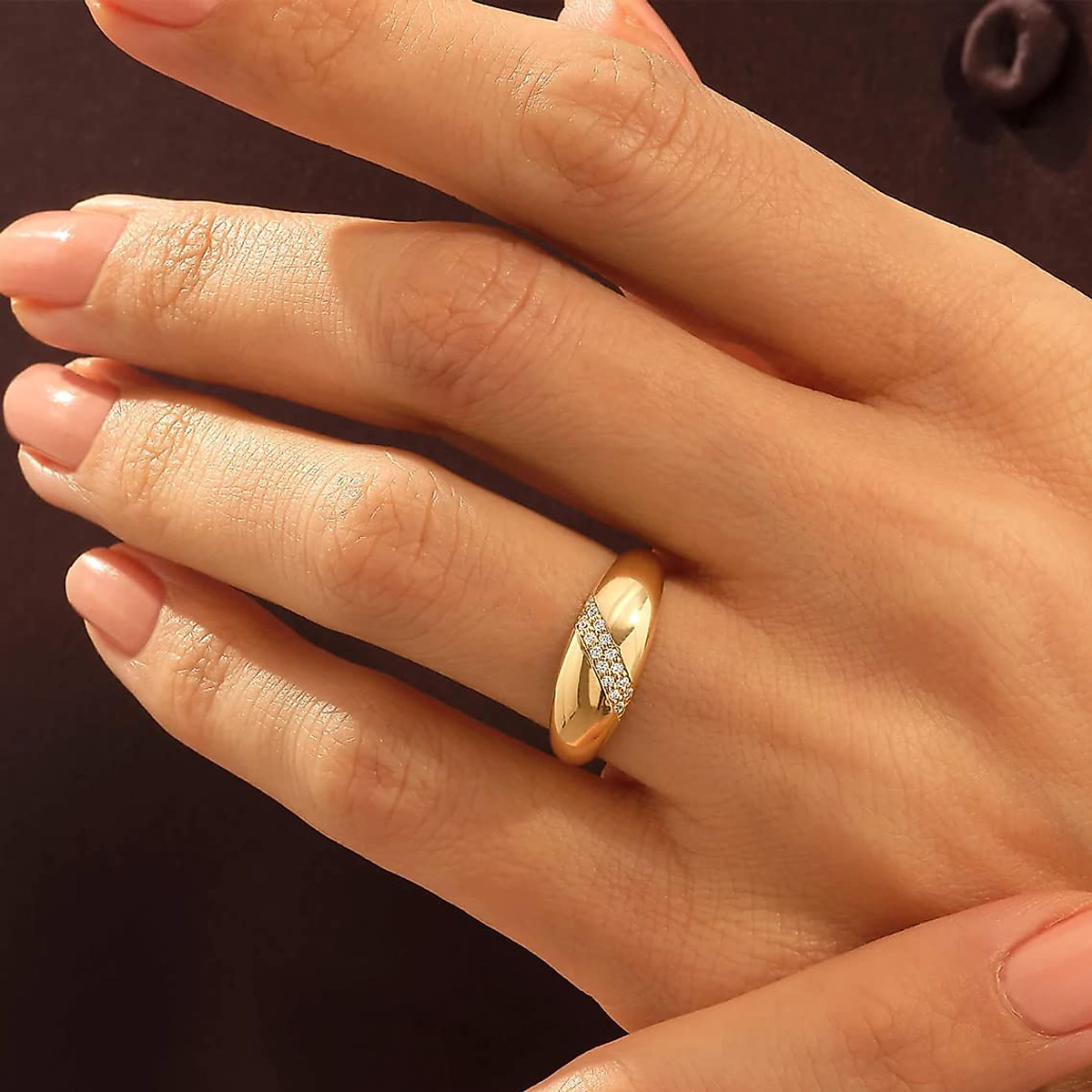 Me&Hz 18k Gold Plated Cubic Zirconia Dome Rings Chunky Statement Rings for Women Stackable Slim Domed Simple CZ Wedding Band Ring Dainty Aesthetic Gold Rings Size 9