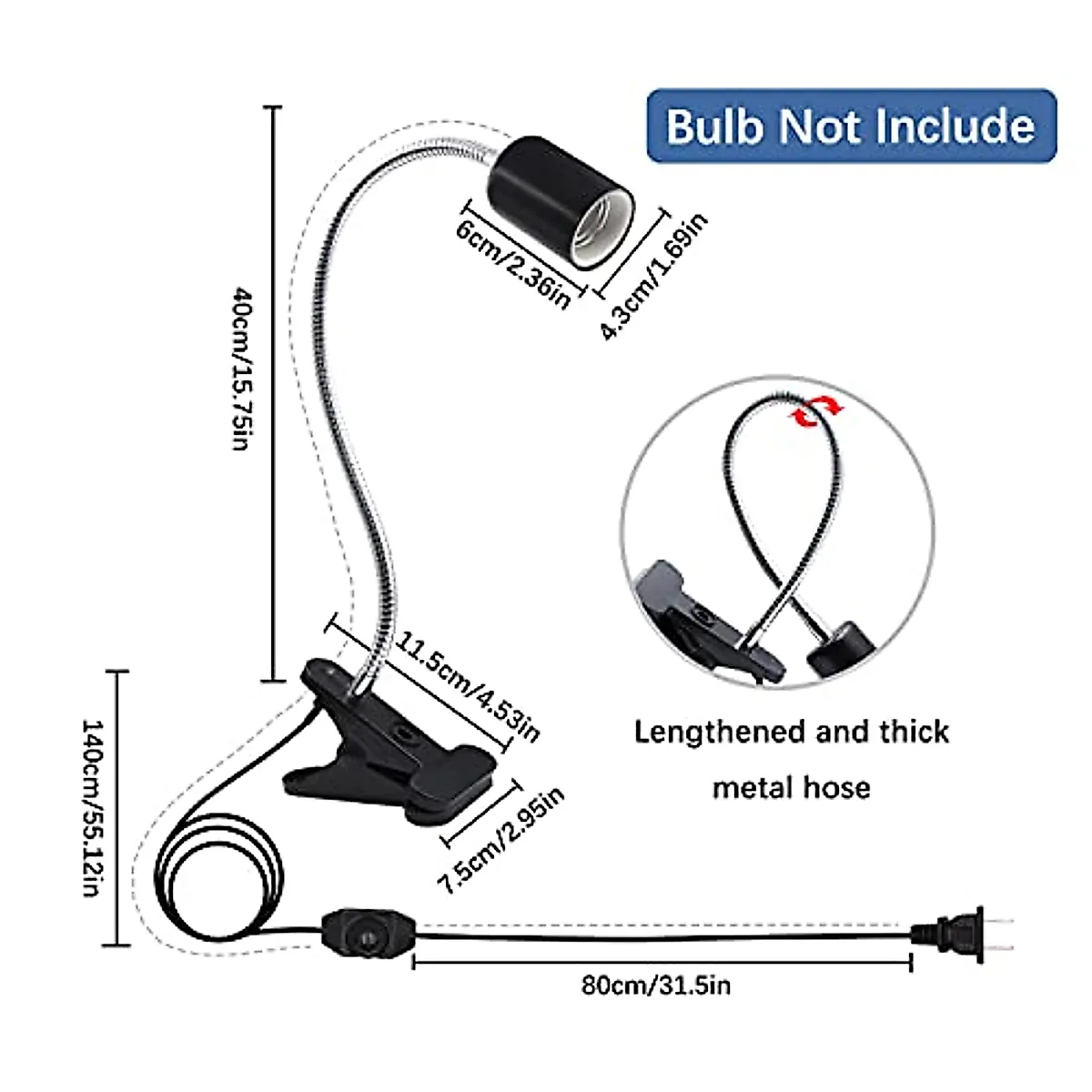 Reptile Heat Lamp,Aquarium Tank Heat Light,E26/E27 Turtle Basking Spot Lamp with Dimmable Switch,86.6in Habitat Basking Heat Lamp,Heating Lighting for Tortoise/Lizard/Amphibian/Snake/Aquarium(No Bulb)