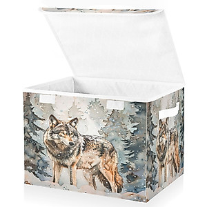 senya Winter Baskets Collapsible Storage Bins with Lids, Wolf Snow Winter Storage Boxes Clothes Baskets for Organizing