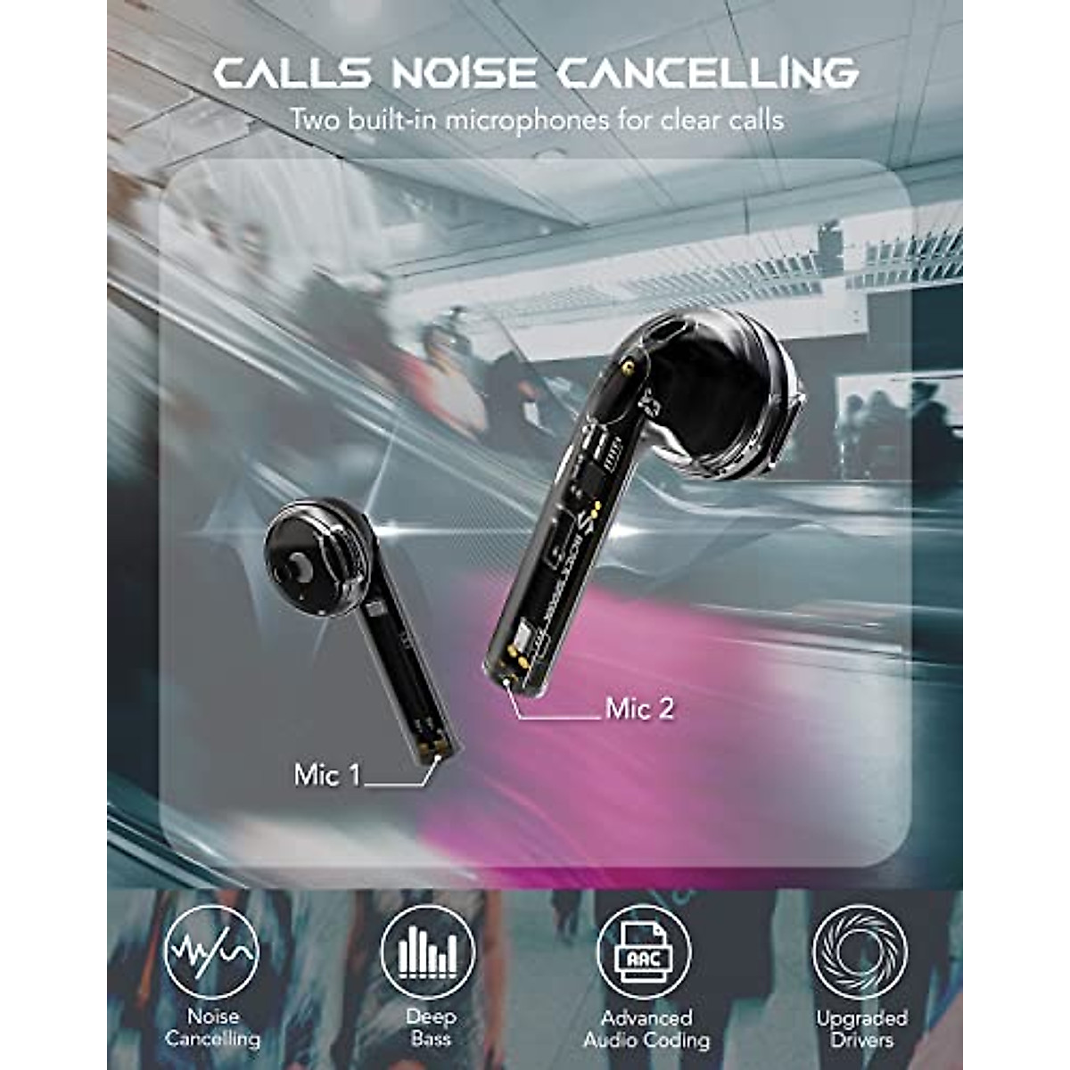 Black Shark Bluetooth Earbuds with 2 Mics Call Noise Canceling, Wireless Earbuds with 24H Playtime for Sport and Work, One-Step Pairing & Smart Touch Control, IPX5 Waterproof, in-Ear Stereo