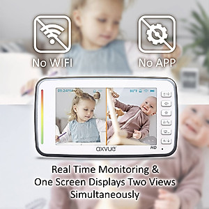 AXVUE HD Video Baby Monitor, 720P HD Image Quality, 5.0" IPS Screen Monitor & 2 Camera, Range up to 1000ft, 24 Hour Battery Life, 2-Way Talk, Split Screen, Night Vision, Temperature Monitor, No WiFi.