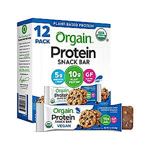 Orgain Organic Vegan Protein Bars, Chocolate Chip Cookie Dough - 10g Plant Based Protein, Gluten Free Snack Bar, Low Sugar, Dairy Free, Soy Free, Lactose Free, Non GMO, 12 Count (Pack of 1)