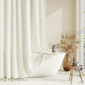 Dynamene Boho Farmhouse Shower Curtain, Cream Fabric Tufted Chevron Striped Textured Tassel Shower Curtains for Bathroom, Water Repellent, Minimalist Ruffled Cloth Shower Curtain Set with Hook, 72x72