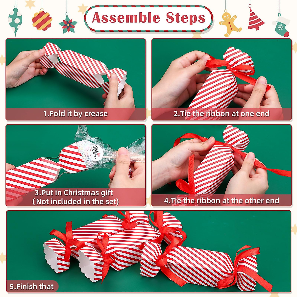 LEMESO 24PCS Christmas Candy Boxes, Xmas Paper Boxes with Ribbon Candy for Sweets, Chocolate, Decoration Gift Boxes Party Favor Boxes for Xmas, Wedding Party Wrap Bag