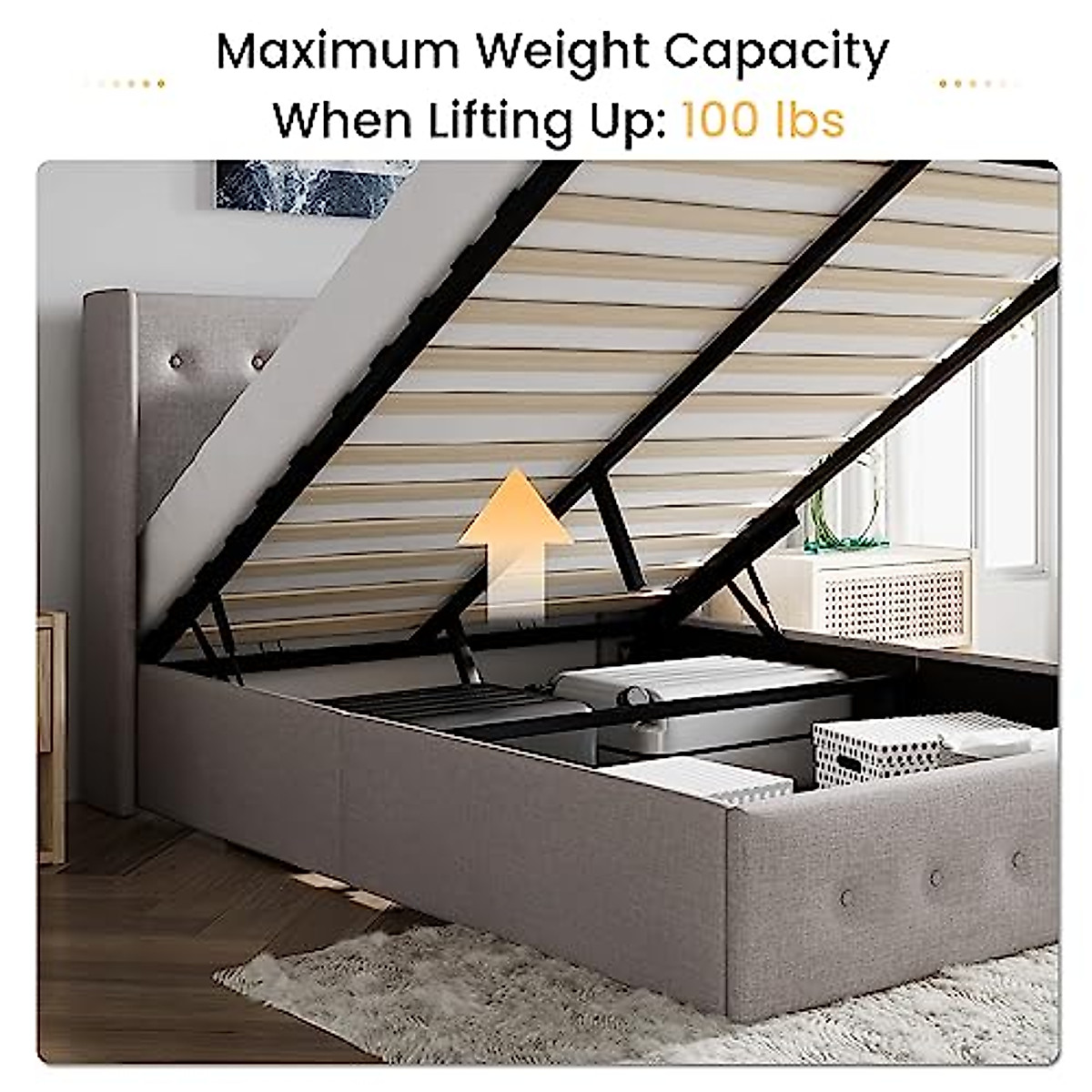 SHA CERLIN Queen Size Lift Up Storage Bed/Button Tufted Wingback Headboard/Hydraulic Storage/Upholstered Platform Bed Frame/No Box Spring Needed/Wood Slats Support/Light Beige