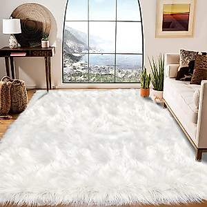 Latepis White Faux Fur Rug 8x10, Faux Fur Sheepskin Rug for Living Room, Fluffy Washable Fuzzy Carpet for Bedroom, Luxury Room Decor, Rectangle