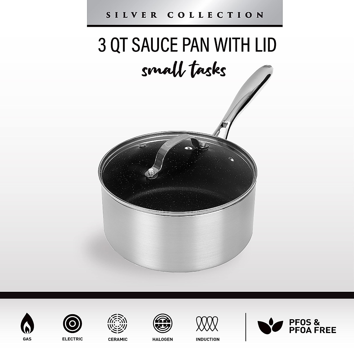 Granitestone Nonstick 3 Quart Saucepan with Glass Lid, Small Pot with Lid-Ultra Durable Coating with Brushed Exterior Silver-100% PFOA Free-Dishwasher & Oven Safe