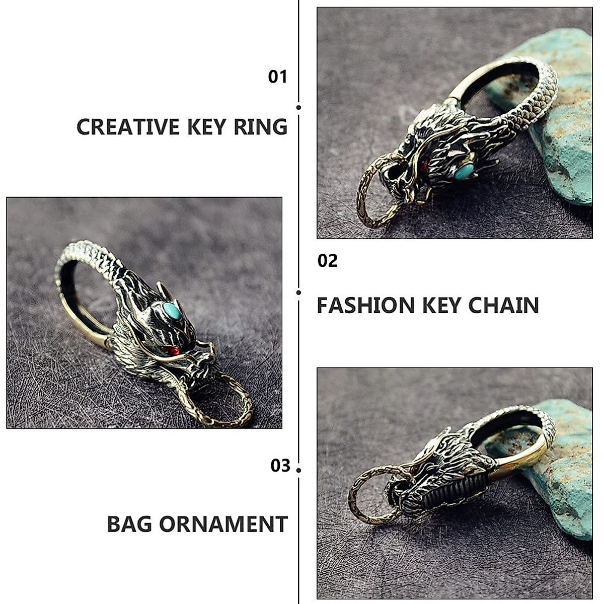 VALICLUD Dragon Head Keychain Vintage Feng Shui Chinese Dragon Bead Key Ring Good Luck Key Holder Car Purse Bag Charm Pendent for Safely Wealth Porsperity Success