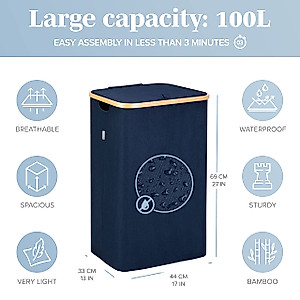 Lonbet - Laundry Hamper with Lid Cover - Sturdy Tall Bamboo Laundry Basket Clothes Organizer - Aesthetic Bedroom Fabric Bin - Big Bathroom Dirty Clothes Hamper - Removable Bag - XL 100 Liters - Blue