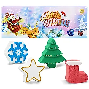 Christmas Bath Bombs for Kids, Christmas Gift Set Bath Bombs for Boys and Girls with Santa Snowflake Christmas Sock Star, 4-Pack Set in a Gift Box Christmas Stocking Stuffer Bubble Bath Bath Bomb Set