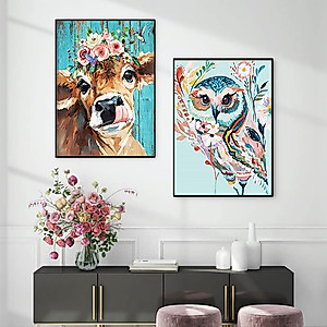 2-Piece Diamond Painting Kitsfor Adults, 5D DlYFull Drill Round Art Gems Owland Cow Diamond Art Perfect for Home Wall Deco Diamond 12"x16"