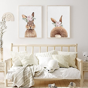 Joocrise Bunny Rabbit Wall Art Baby Girl Nursery Wall Art UNFRAMED, Nursery Canvas Prints Bunny Pictures for Nursery Room Decor Nursery Artwork Baby Woodland Animal Pictures 16x24 Inch, Set of 2
