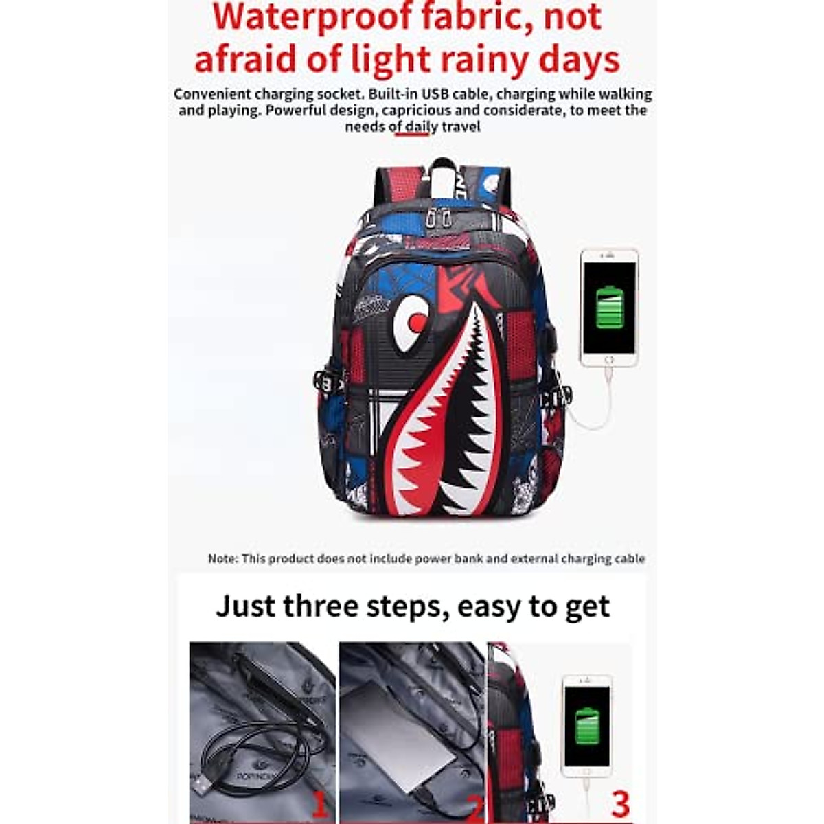 School Bag Boy School Bag Laptop Backpack with USB Portable Waterproof (blue foliage)