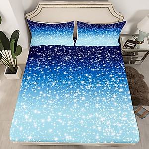 Erosebridal Blue Galaxy Bed Sheets Twin Pastel Dark Blue Ombre Bedding Set,Navy Blue Ombre Fitted Sheet for Kids Boys Girls Teens Bedroom Dorm,Sparkle Glitter Stars Bedding Sets 1 Pillow Case