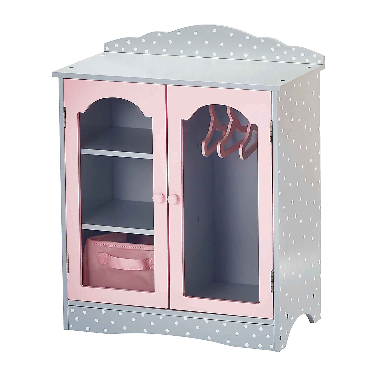 Olivia's Little World Polka Dot Princess Wooden Shaker-Style Double Closet for 18" Doll Wardrobes with Windowed Doors, Three Shelves, Hanging Space with Hangers, Gray/Pink