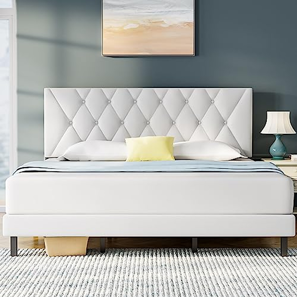 Molblly King Size Bed Frame with Adjustable Headboard, Linen Fabric Wrap, Strong Frame and Wooden Slats Support, No Box Spring Needed, Non-Slip and Noiseless, Easy Assembly, Off-White