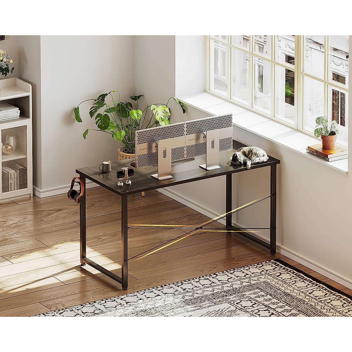 Casaottima 48 Inch Small Computer Desk for Home Office, Study Writing Table for Small Spaces, Simple Modern Desk with Headphone Hooks, Black