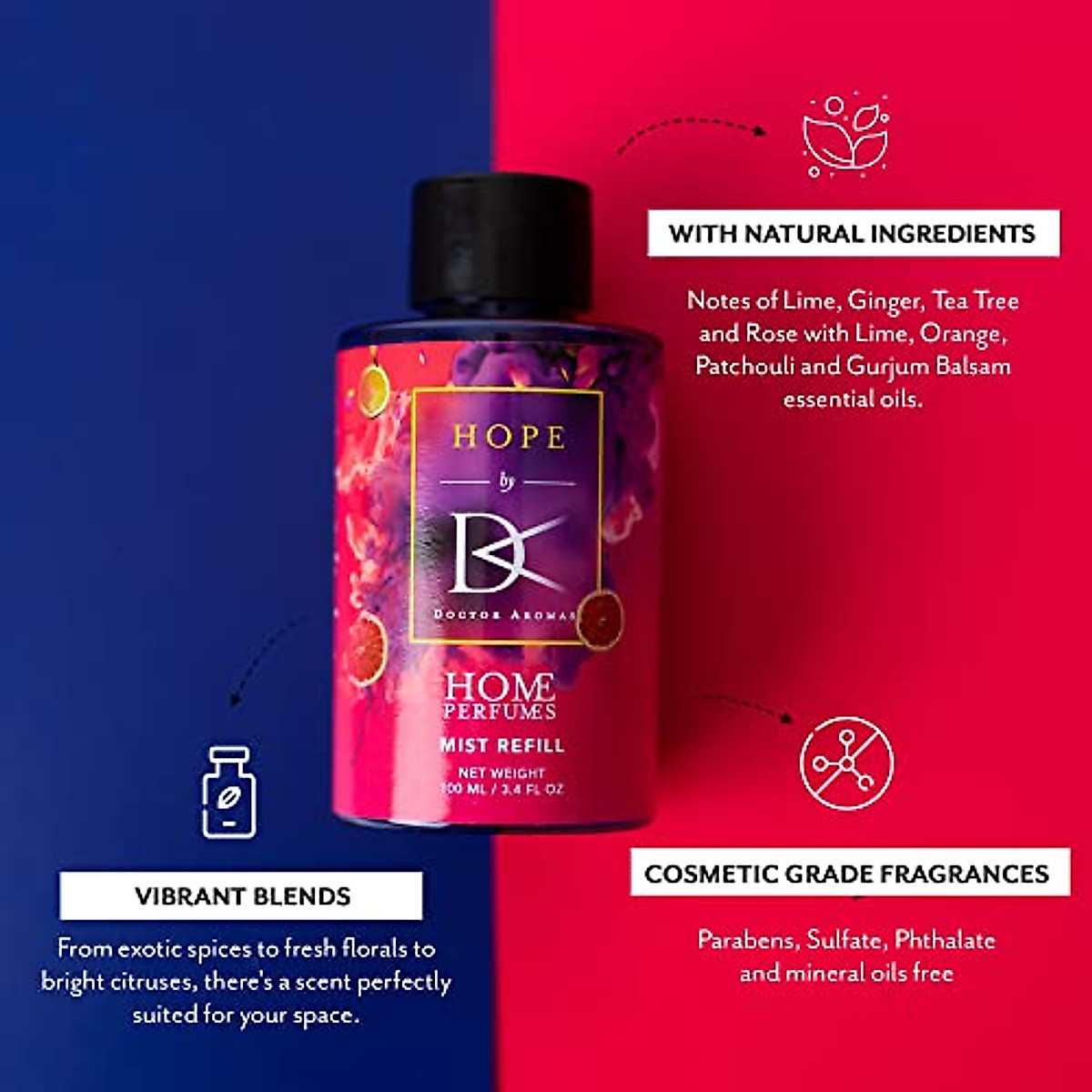 Doctor Aromas Lime, Ginger, Tea Tree, Rose, Mist Refill for Essential Oil Diffusers – Fresh Premium Aroma, Fragrances or Scent for Home, Rooms, Office, and Bathroom (Hope®)