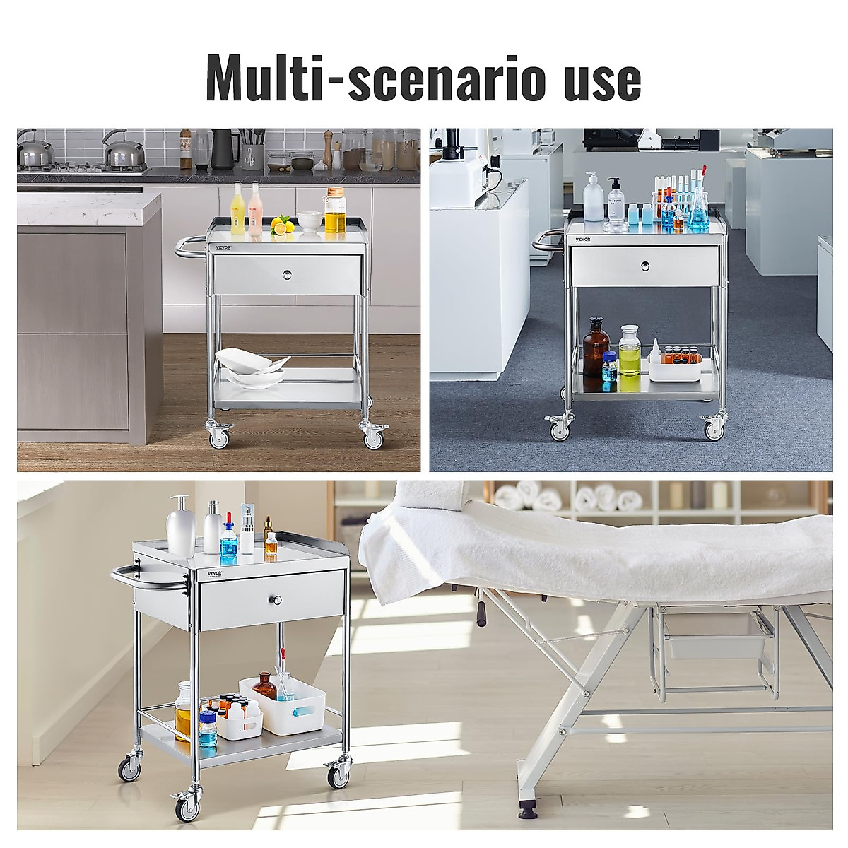 VEVOR Shelf Stainless Steel Utility Cart Catering Cart with Wheels Medical Dental Lab Cart Rolling Cart Commercial Wheel Dolly Restaurant Dinging Utility Services (2 Shelves/ 1 Drawer)