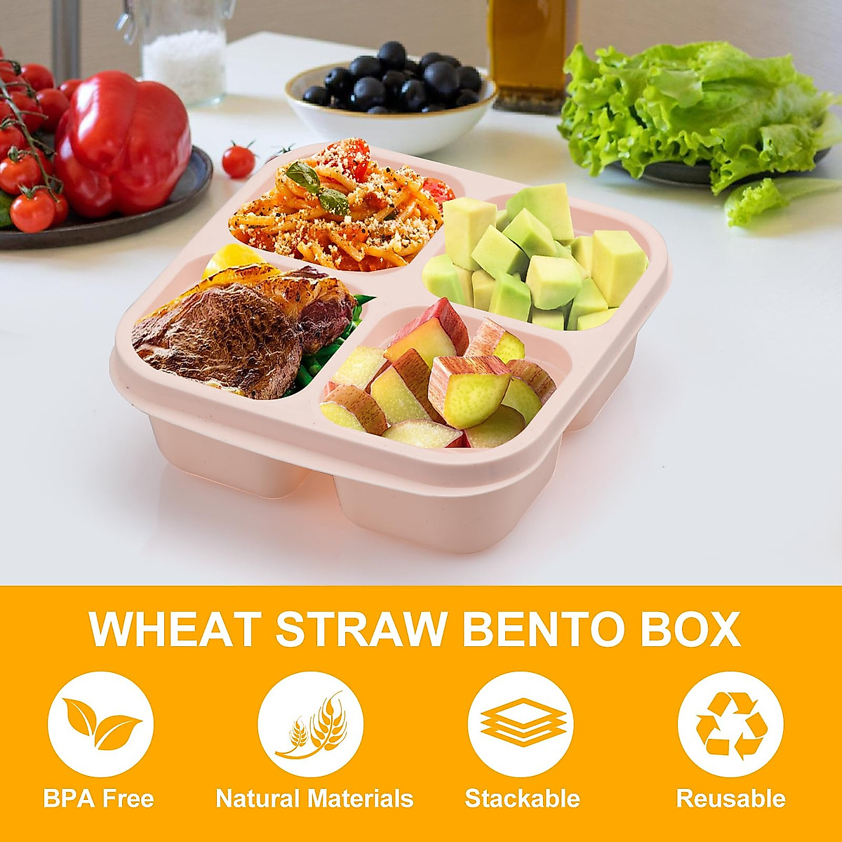 HOUPEACE Snack Containers,4 Pack Reusable Divided 4 Compartment Meal Prep Containers Snack Box Container for Snacks,Fruits,Nuts,Cookies,Candies, Pink