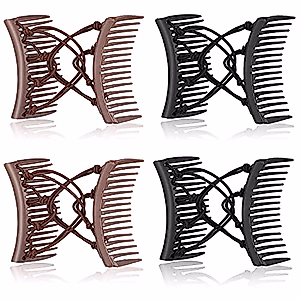 4 Pieces Stretchy Double Comb Hair Clip Adjustable Elastic Hair Comb No Crease Hair Pins Hair Accessories for Women Curly Thick Wavy Hair Ponytail (Black, Coffee)