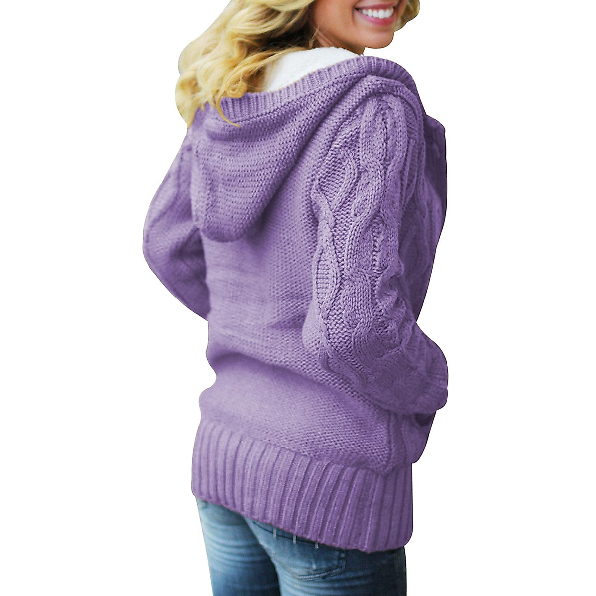Dokotoo Womens Fashion 2024 Ladies Winter Hooded Casual Fluffy Cardigans Sweaters Solid Open Front Long Sleeve Cable Knit Sweaters Fleece Coats Outerwear with Pockets Purple Medium