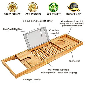 Bathtub Caddy Tray, Bamboo Bath Tray Table Extendable Reading Rack Tablet Phone Holder Wine Glass Holder Shelf Desk Bathroom Spa