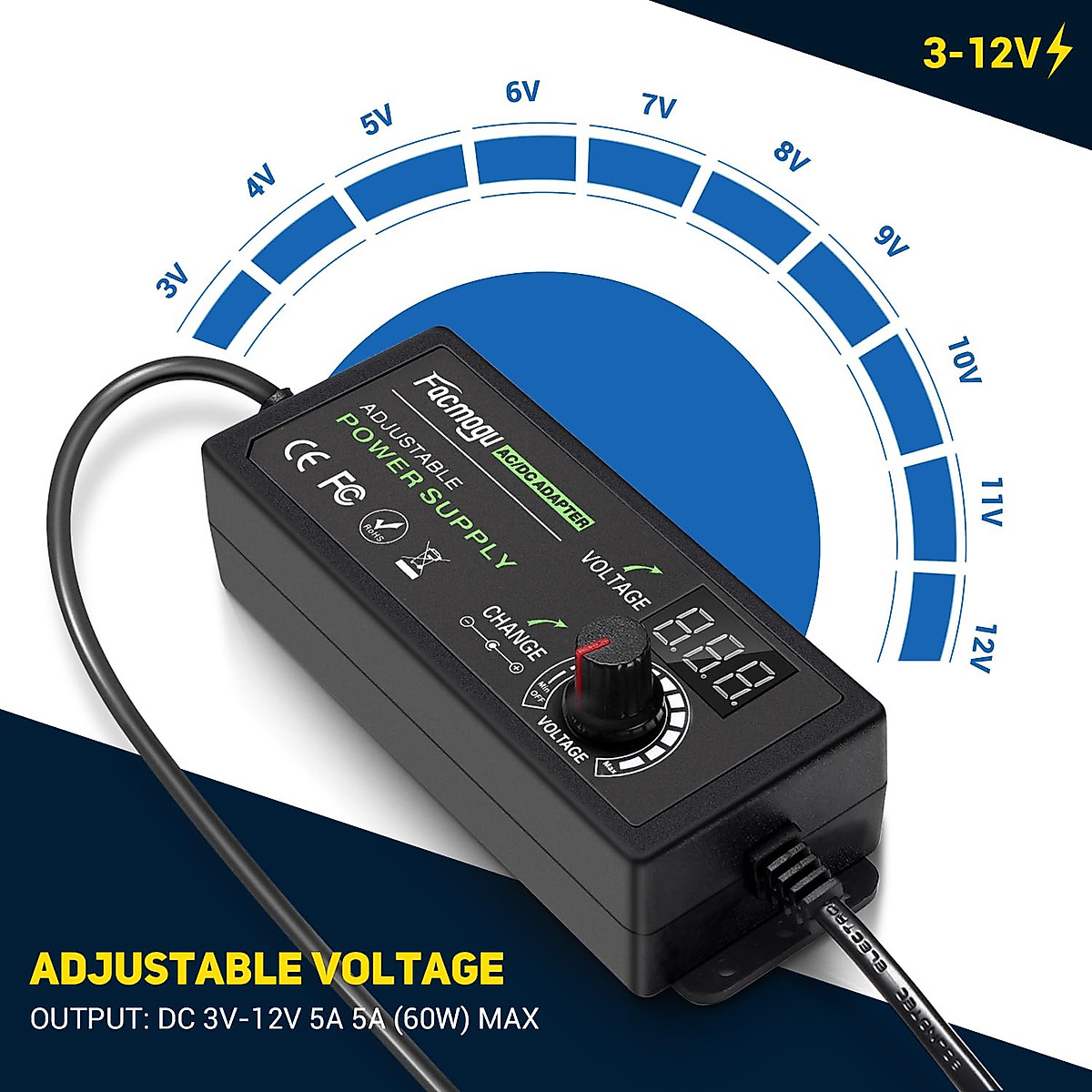 Facmogu 3V-12V 5A 60W Adjustable Power Supply with LED Display, Variable DC 3V 5V 6V 9V 12V Universal AC/DC Adapter, 100V-240V AC to DC 3-12V Switching Power Converter Multi-Voltage Regulated Adaptor