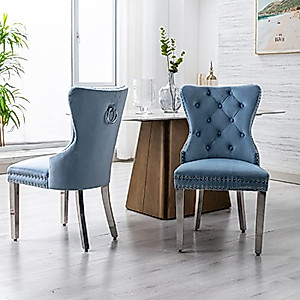 Restworld Velvet Dining Chairs Set of 2,Upholstered Tufted Back Nail Trim Accent Chair with Stainless Steel Legs,Blue