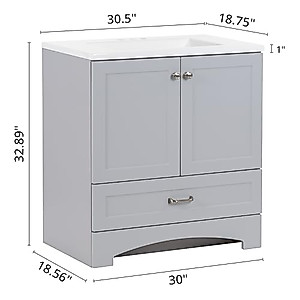 Spring Mill Cabinets Emlyn 30 Inch Bathroom Vanity with White Single Sink Top, 2-Door Cabinet, 1 Drawer, 30.5" W x 18.75" D x 32.89" H, Pearl Gray